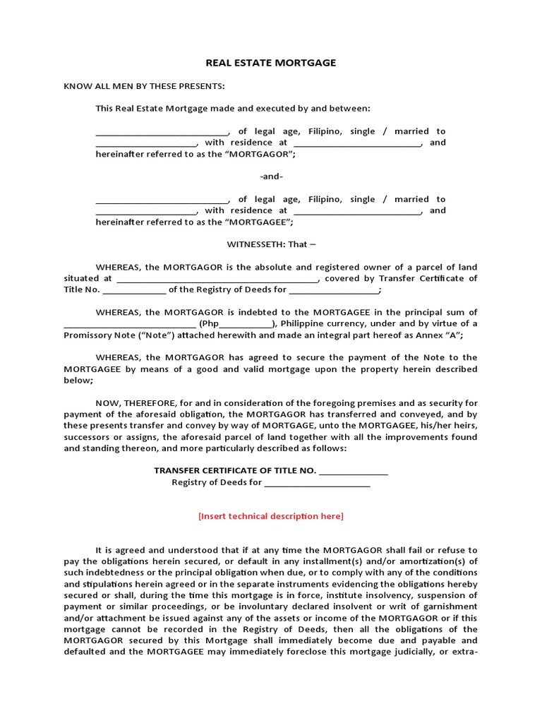 REAL ESTATE MORTGAGE Template | PDF | Mortgage Law | Foreclosure