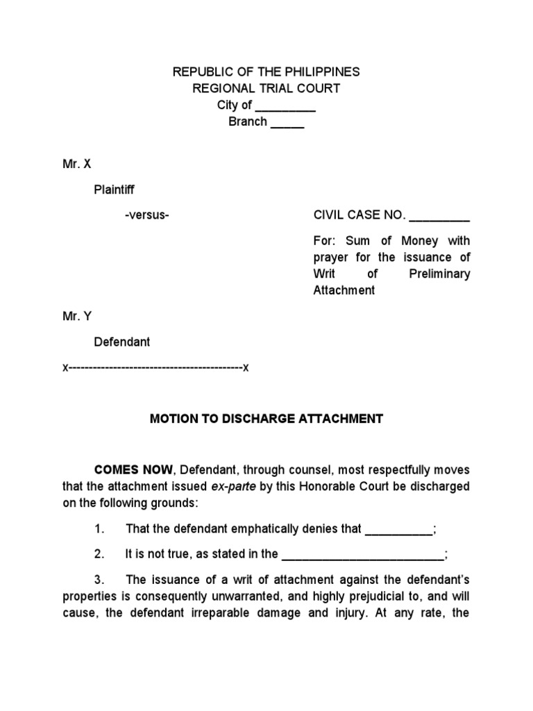 Motion To Discharge Attachment | PDF | Affidavit | Virtue
