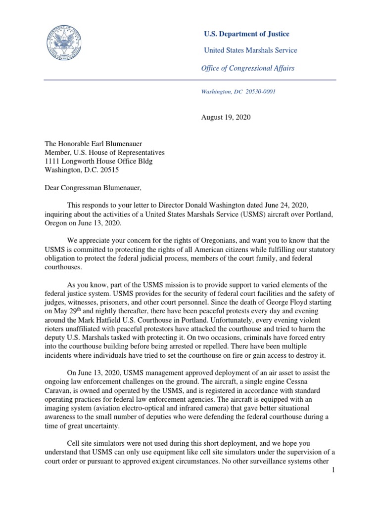 USMS Response on Portland Aircraft Use | PDF | United States Marshals ...