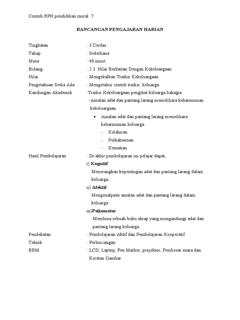 Contoh RPH Pendidikan Moral 7 | PDF