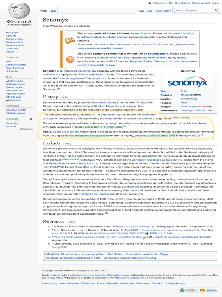 Human Embryo Stem Cells Used in Food - Senomyx | PDF | Life Sciences ...