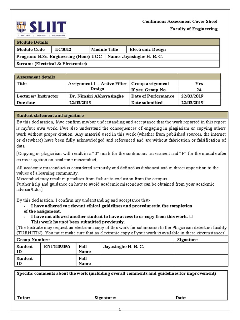 2nd Order Active Bandpass Filter Design | PDF | Academic Dishonesty ...