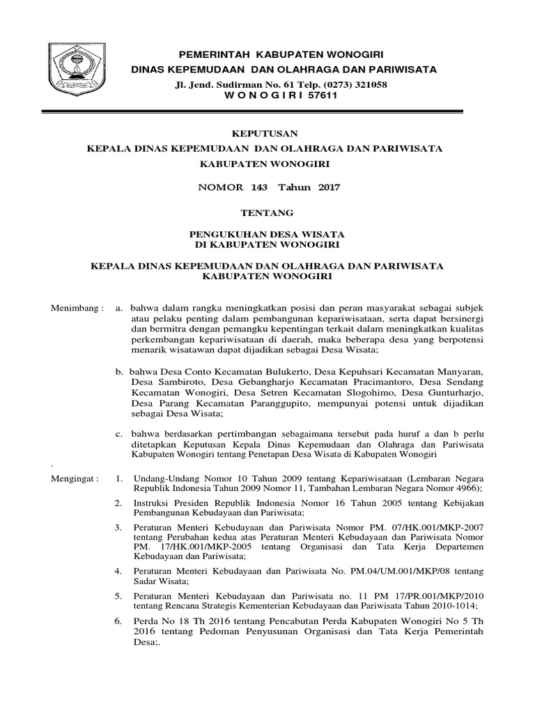 SK Desa Wisata 143 TH 2017 TTG Pengukuhan Desa Wisata Conto Sendang ...
