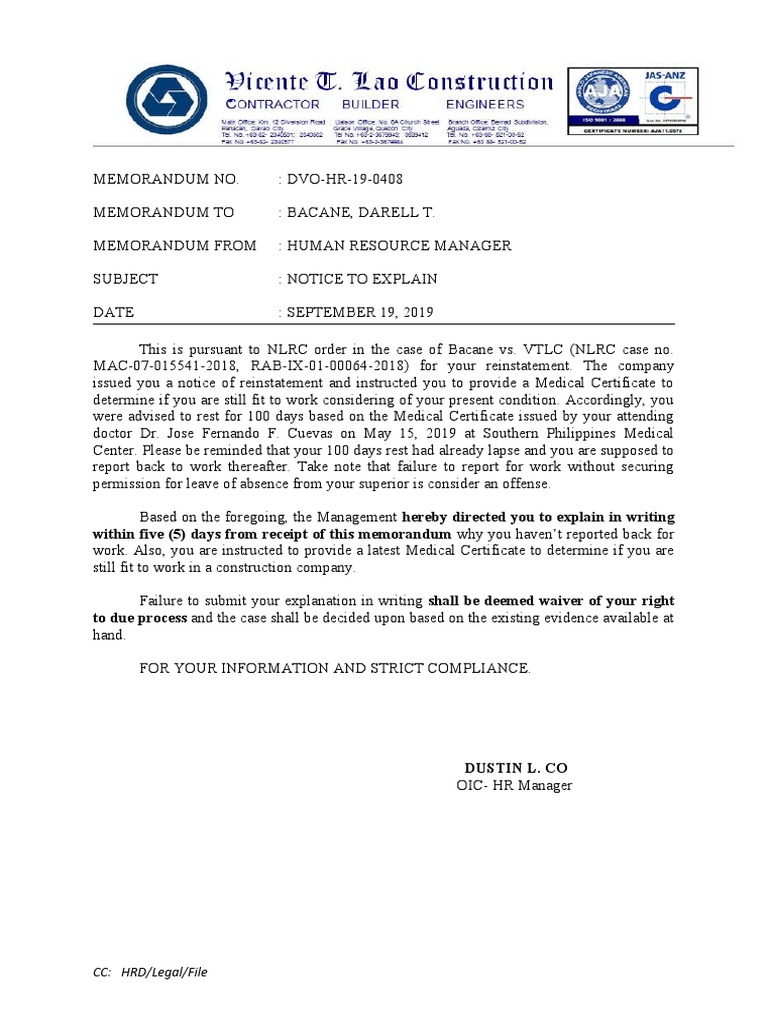 Notice to Explain and Termination Memo | PDF | Health Care | Medicine