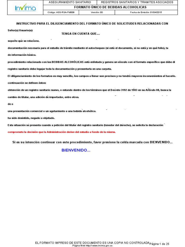 Formato INVIMA Bebidas Alcohólicas | PDF | Bebida | Red mundial