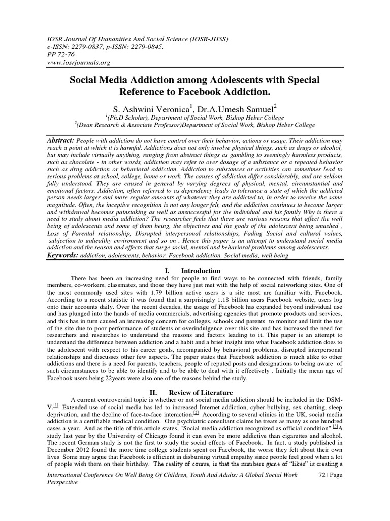 Social Media Addiction Among Adolescents With Special Reference To Facebook Addiction | PDF ...