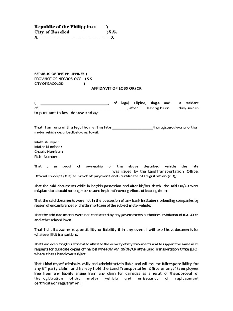 Republic of The Philippines) City of Bacolod) S.S. X - X | PDF ...