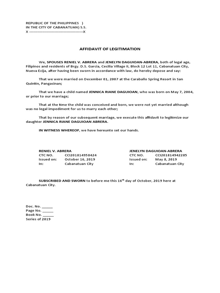 Affidavit of Legitimation: IN WITNESS WHEREOF, We Have Hereunto Set Our ...