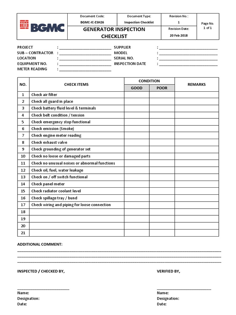 ESH26 - Generator Inspection Checklist | PDF | Vehicle Technology | Internal Combustion Engine