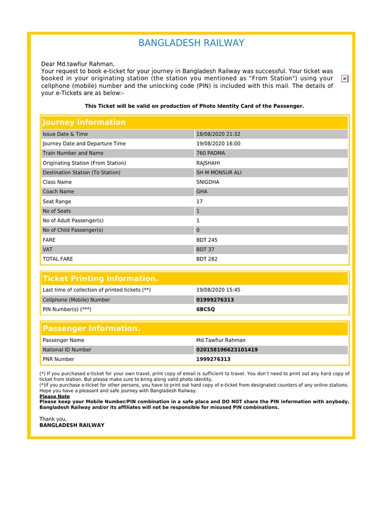 Bangladesh Railway e Ticket | PDF | Ephemera | Service Industries
