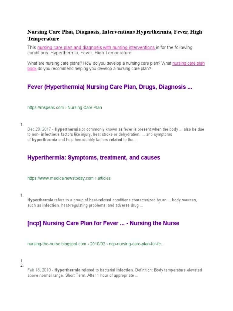 Nursing Care Plan, Diagnosis, Interventions Hyperthermia, Fever, High ...