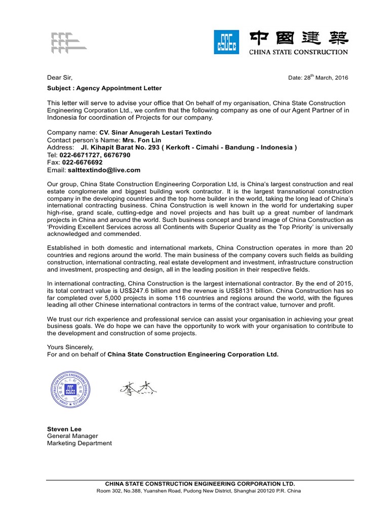 Agency Appointment Letter (Mrs. Fon Lin) | PDF | China | World Politics