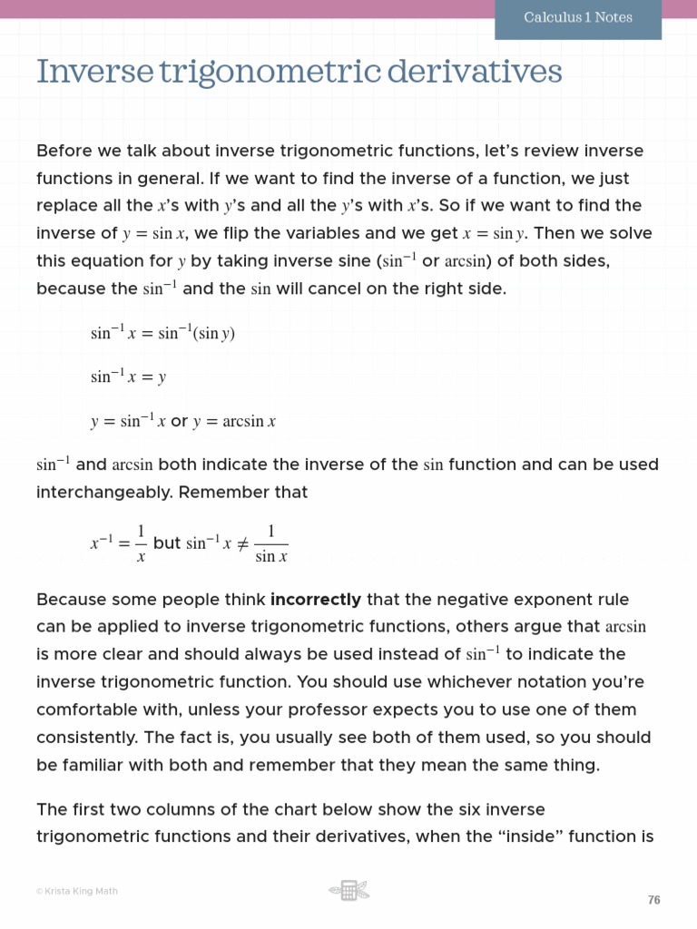 7.1 Inverse Trigonometric Derivatives PDF | PDF | Sine | Trigonometric ...