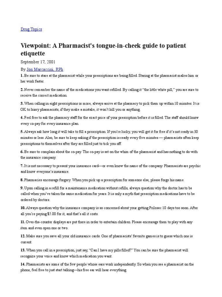 Pharmacy Guide To Patient Etiquette | PDF | Pharmacy | Medical Prescription