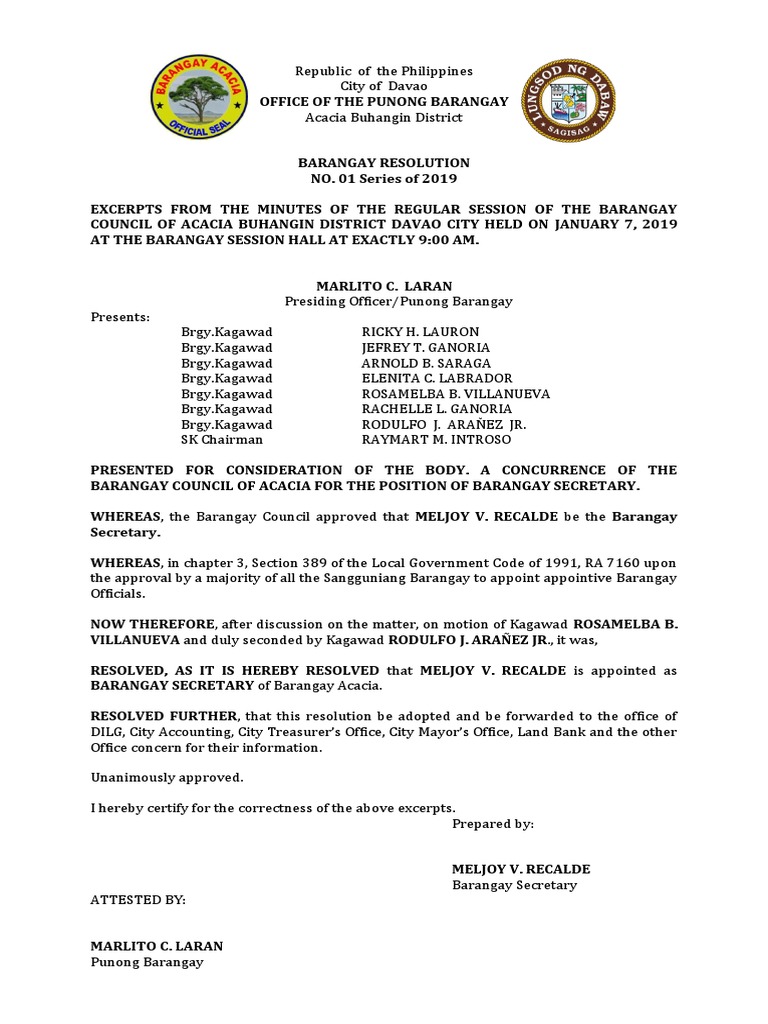 Barangay Secretary Resolution | PDF