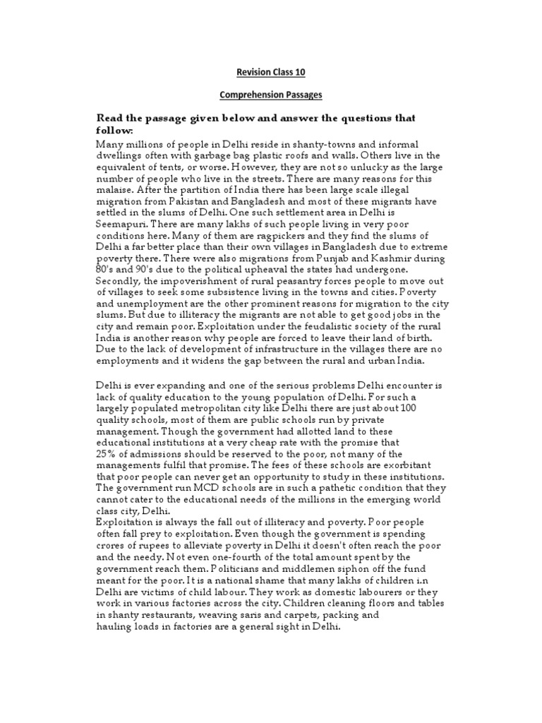 Revision Class 10 Comprehension Passages Read The Passage Given Below ...