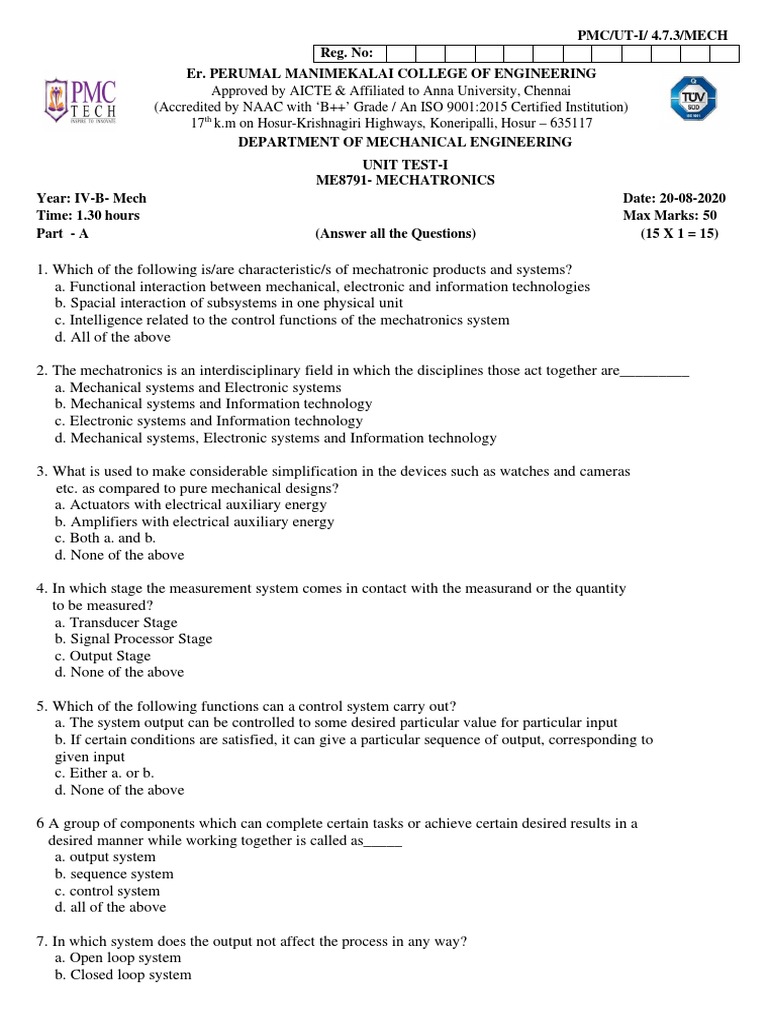 ME8791 - Mechatronics UT-I QP | PDF | Control Theory | Input/Output