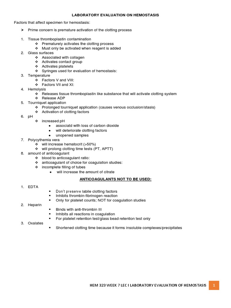 Hem 323 Week 7 Lec I Laboratory Evaluation of Hemostasis | Download ...