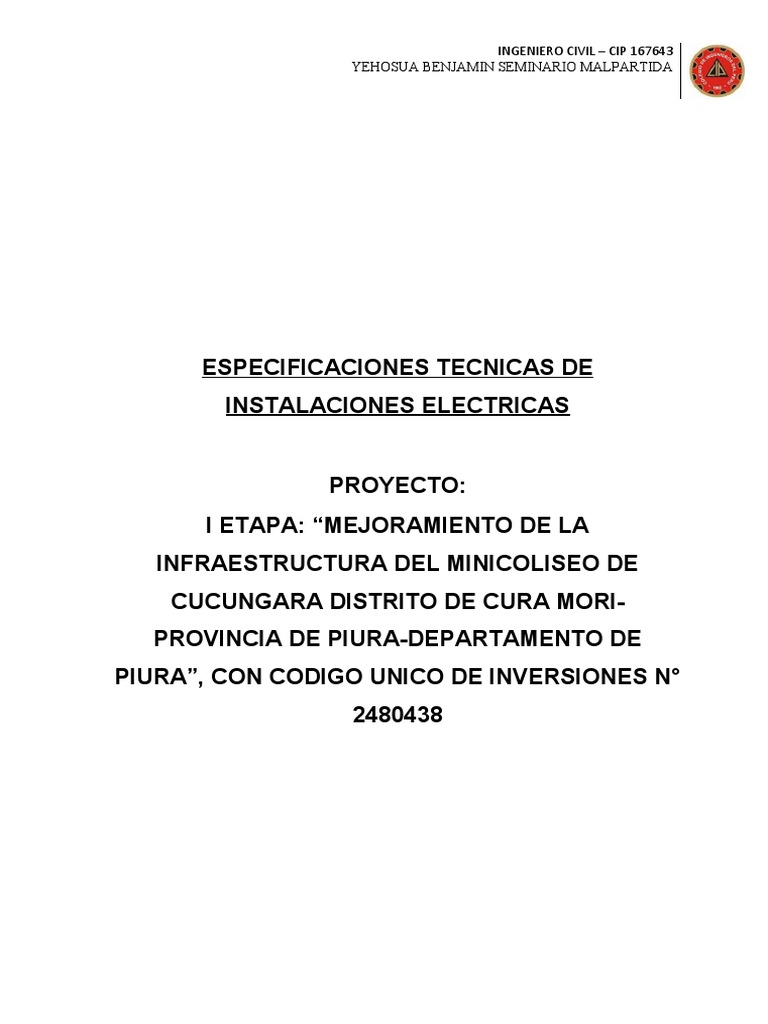 03.-ESPECIFICACIONES TECNICAS DE INSTALACIONES ELECTRICAS 01doc | PDF | Aislador (Electricidad ...