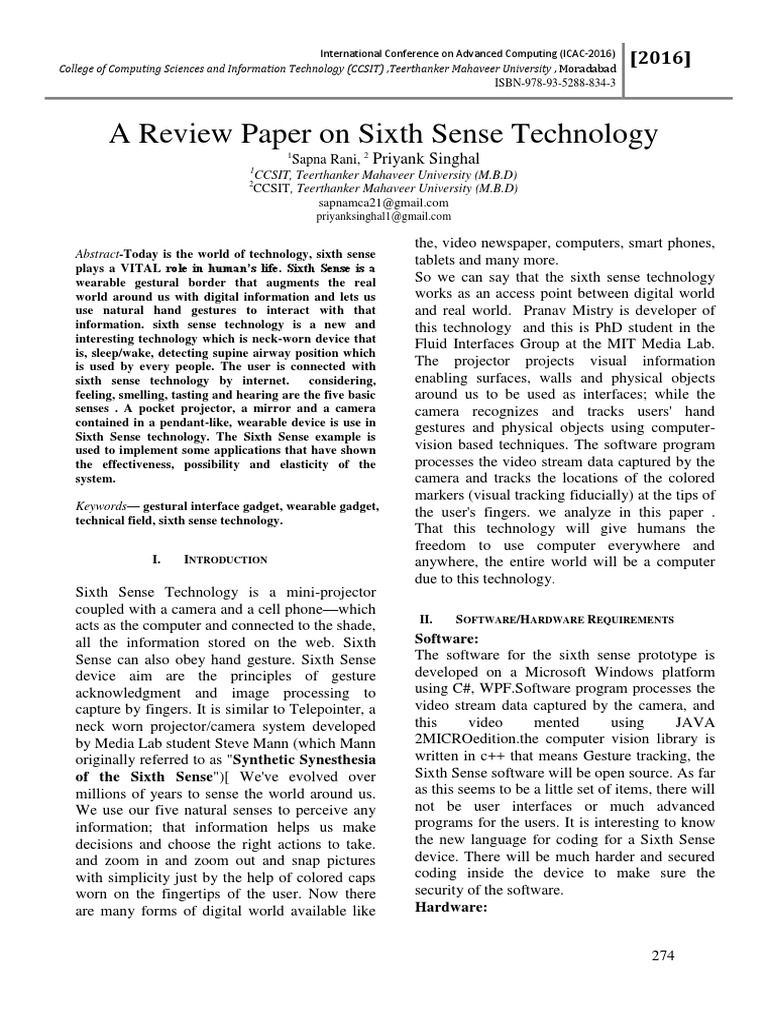 A Review Paper On Sixth Sense Technology: Priyank Singhal | PDF ...