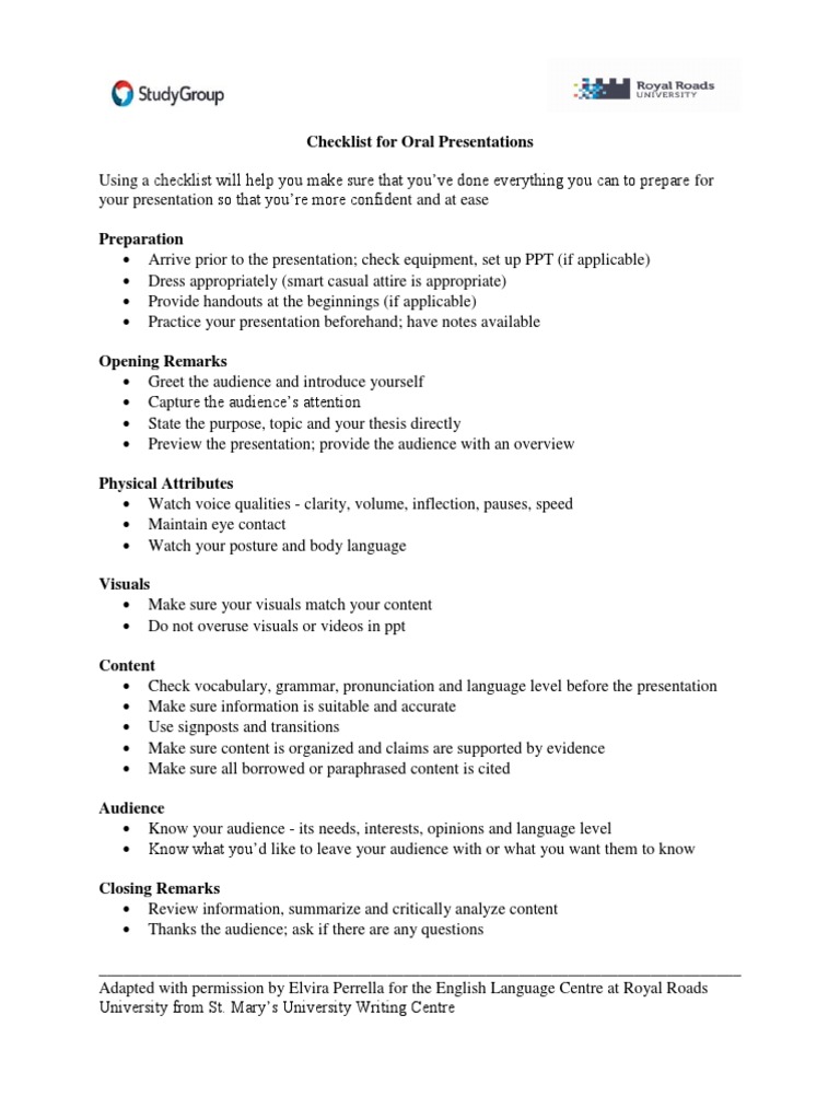 Checklist For Oral Presentations | PDF