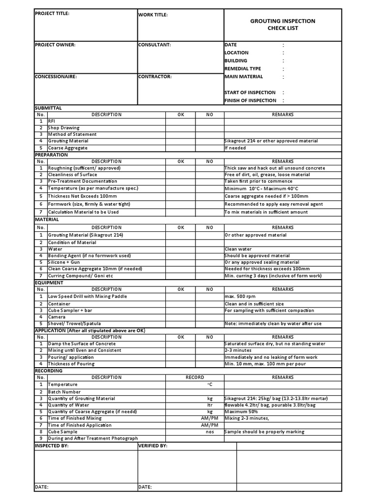 Repair Grouting Checklist | PDF | Concrete | Materials