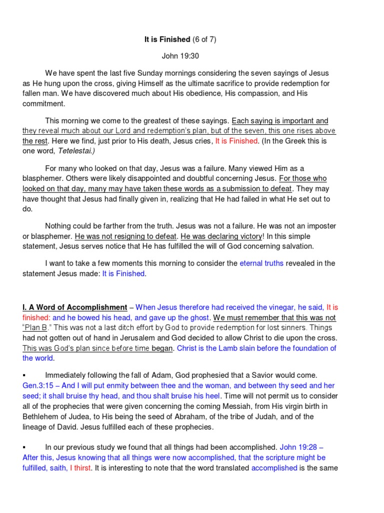 It Is Finished John 19 30 Pdf Sacrifice Salvation