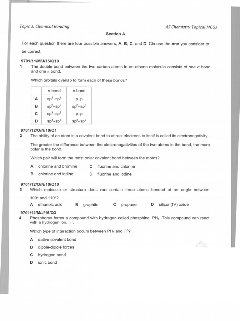 20 MCQ - Chemical Bonding AS Chemistry | PDF | Chemical Bond | Molecules