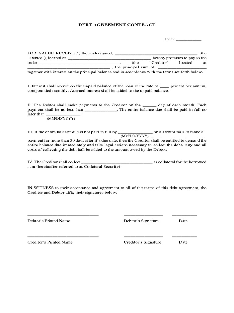 Debt Agreement Contract Template | PDF