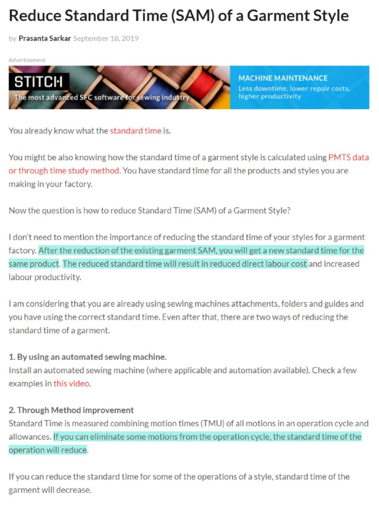 Reduce Standard Time (SAM) of A Garment Style | PDF