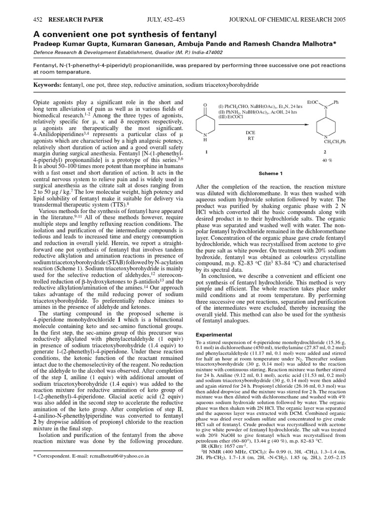 Efficient Fentanyl Synthesis Method | PDF | Amine | Chemical Reactions