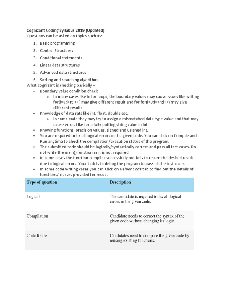 Cognizant Coding Syllabus 2019 (Updated) : Type of Question Description | PDF | Control Flow ...