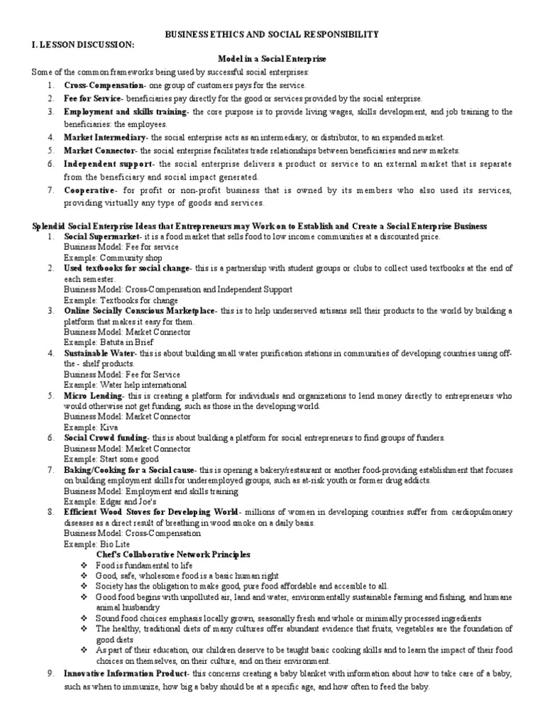 Business Ethics and Social Responsibility I. Lesson Discussion: Model ...