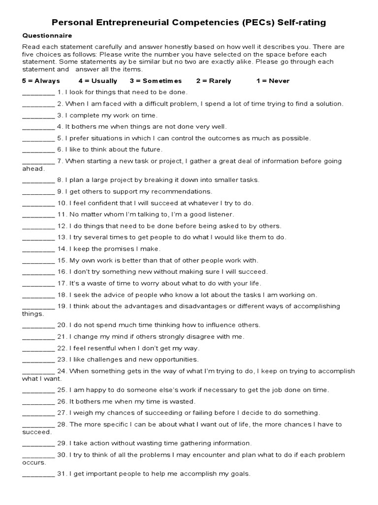 Personal Entrepreneurial Competencies (Pecs) Self-Rating: Questionnaire | PDF | Psychological ...