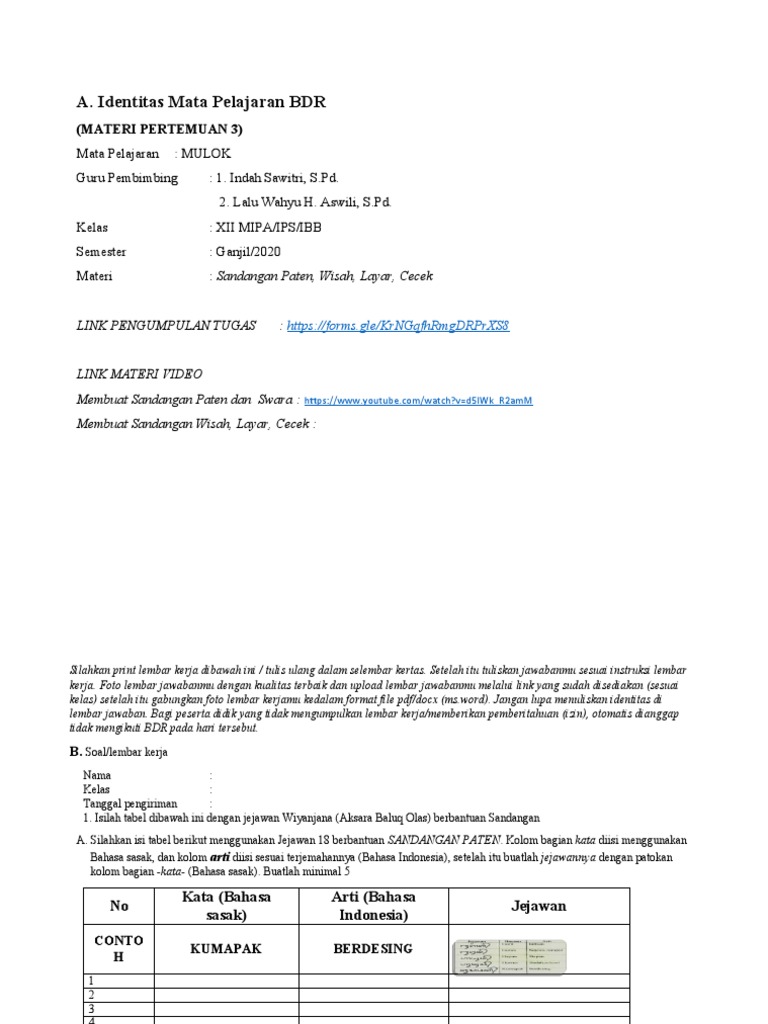 Materi Dan Lembar Kerja Pertemuan 3 BDR Mulok | PDF