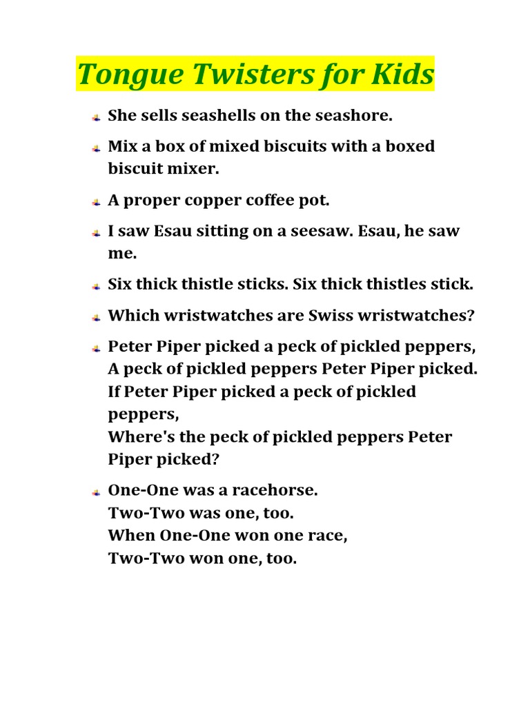 Tongue Twisters For Kids | PDF