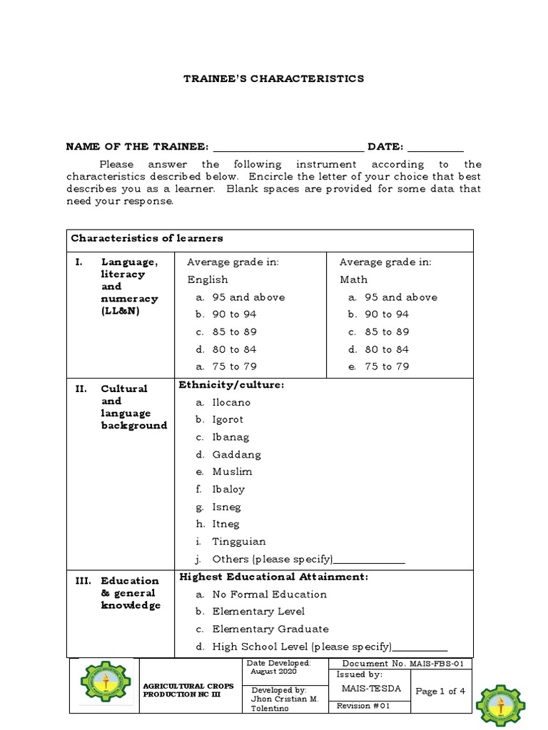 Assessing Trainee Characteristics: A Self-Evaluation of Language ...