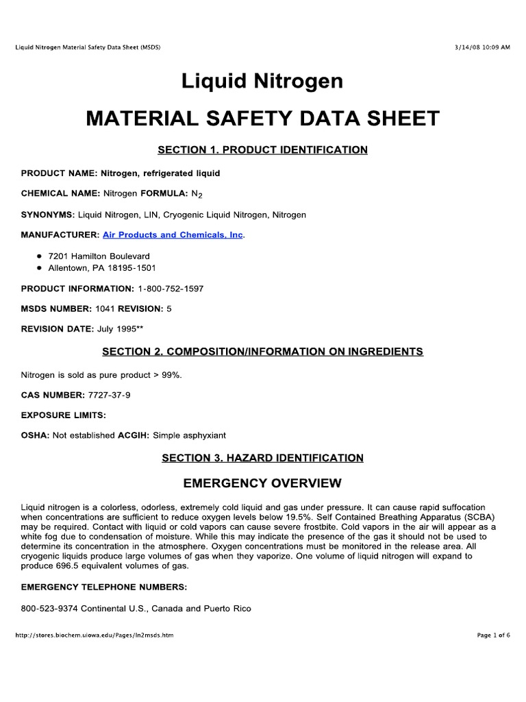 Liquid Nitrogen MSDS | PDF