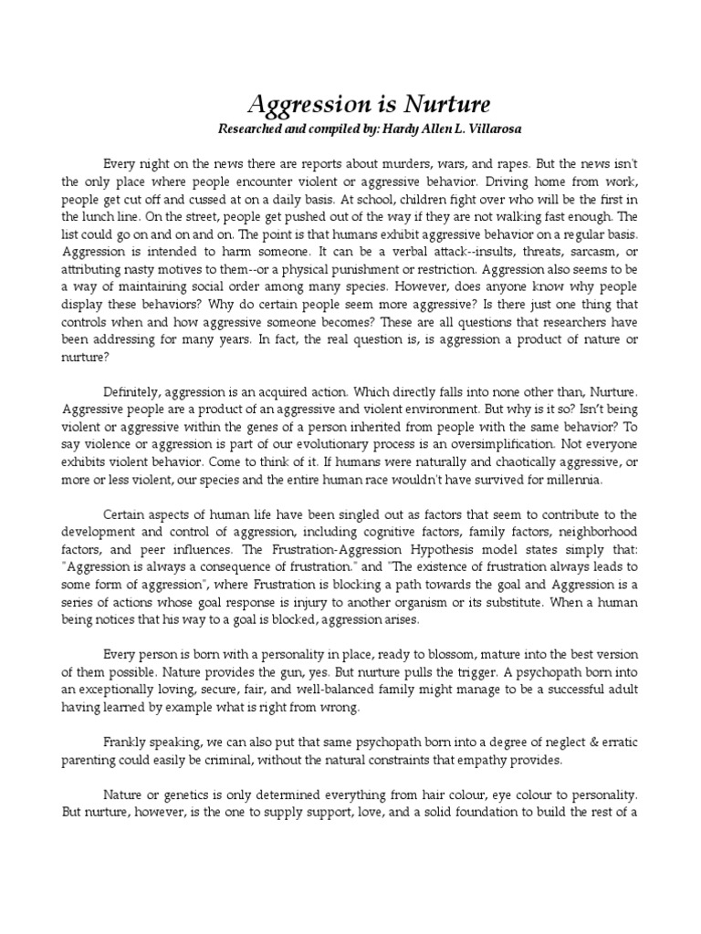 Aggression Is Nurture: Researched and Compiled By: Hardy Allen L ...