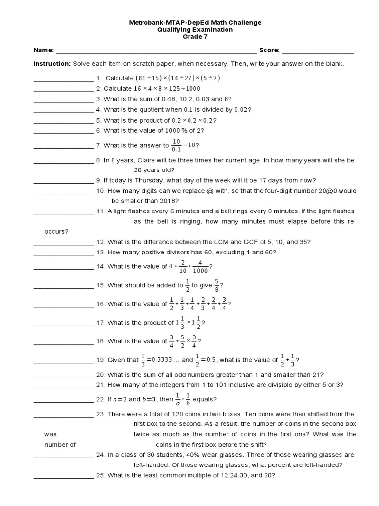 MTAP Elimination Grade 7 | PDF | Abstract Algebra | Elementary Mathematics