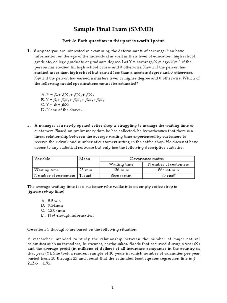 Sample Final Exam (SMMD) : Part A: Each Question in This Part Is Worth 1point | PDF | Regression ...
