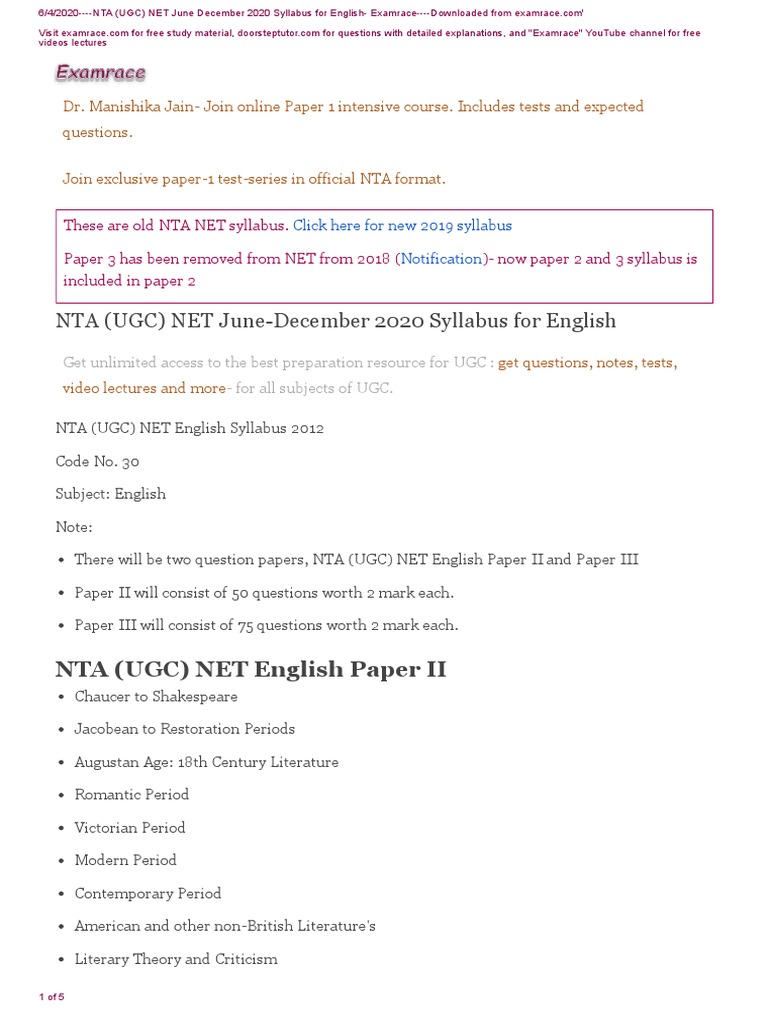 NTA (UGC) NET June-December 2020 Syllabus For English: Examrace | PDF ...