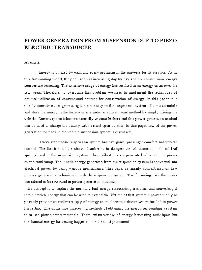 Power Generation From Suspension by Piezo Eiectric Transducer 1 | PDF ...