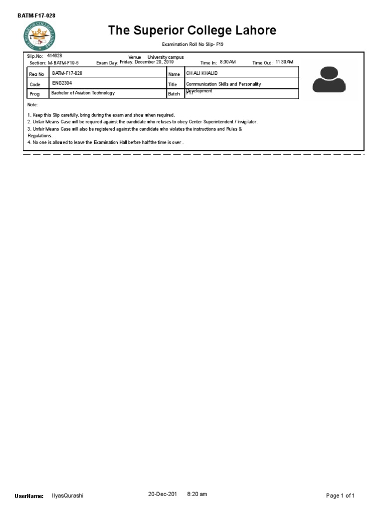Exam Roll No Slip: ENG2304, BATM-F17-028 | PDF | Technology & Engineering