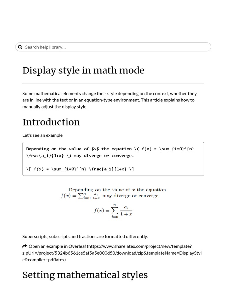 Display Style in Math Mode - Overleaf, Online LaTeX Editor | PDF | Printing | Text