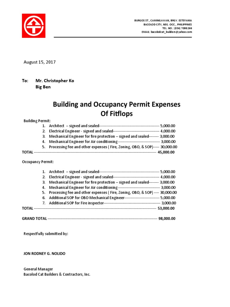 Building and Occupancy Permit Expenses for Fitflops Project | PDF