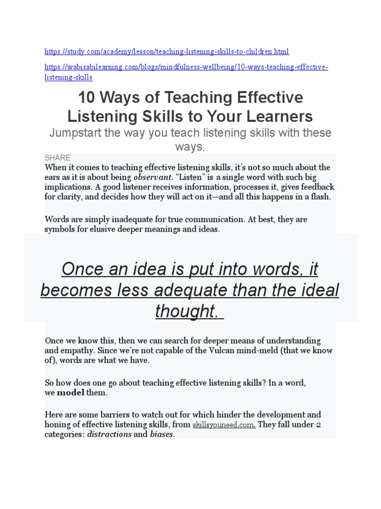 10 Ways of Teaching Effective Listening Skills To Your Learners | PDF ...