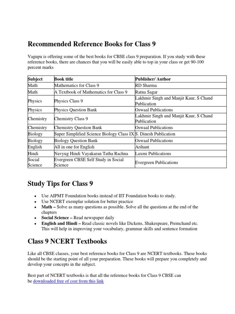 Recommended Reference Books For Class 9: Subject Book Title Publisher ...