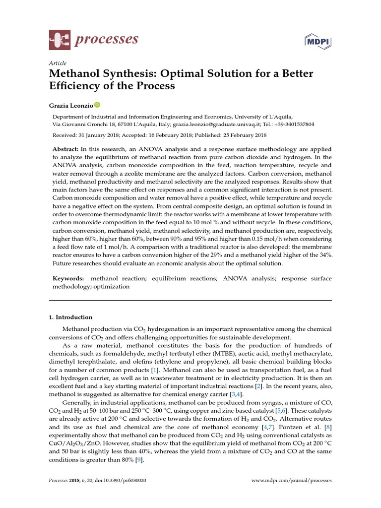 Processes: Methanol Synthesis: Optimal Solution For A Better Efficiency ...