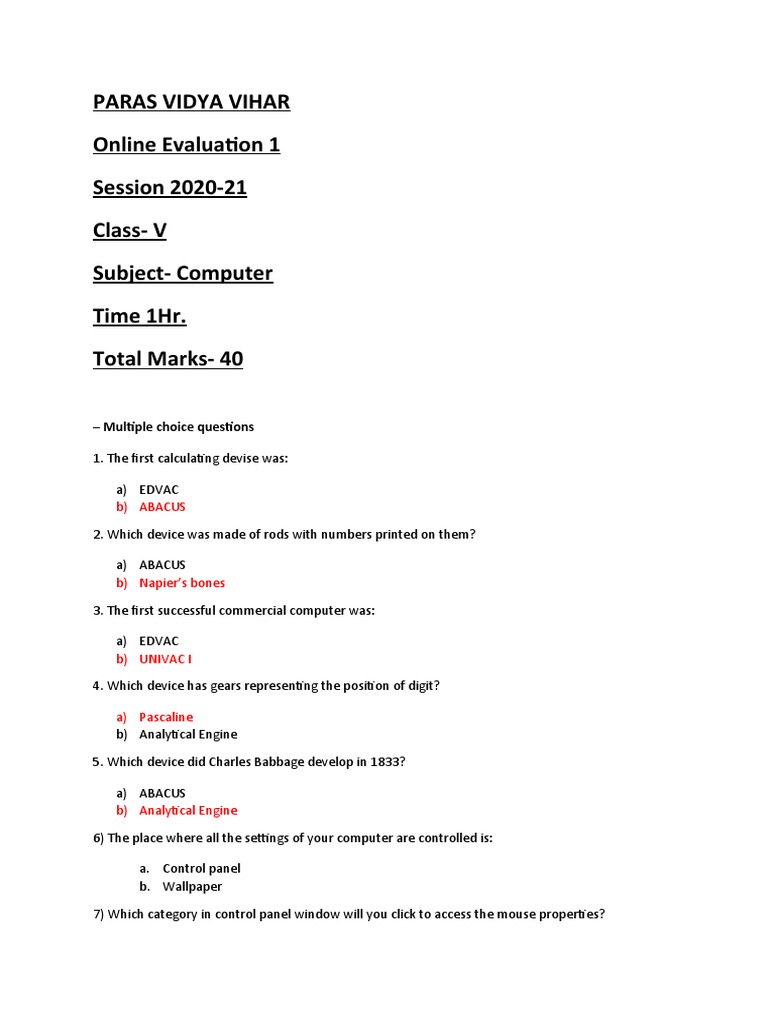 MCQ Class 5 | PDF | Computer Data Storage | Computer Hardware